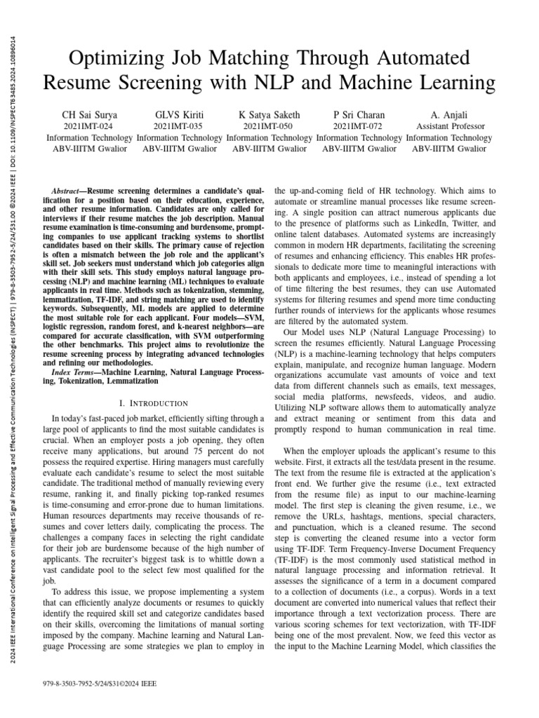 Optimizing Job Matching Through Automated Resume Screening With NLP and Machine Learning | PDF ...