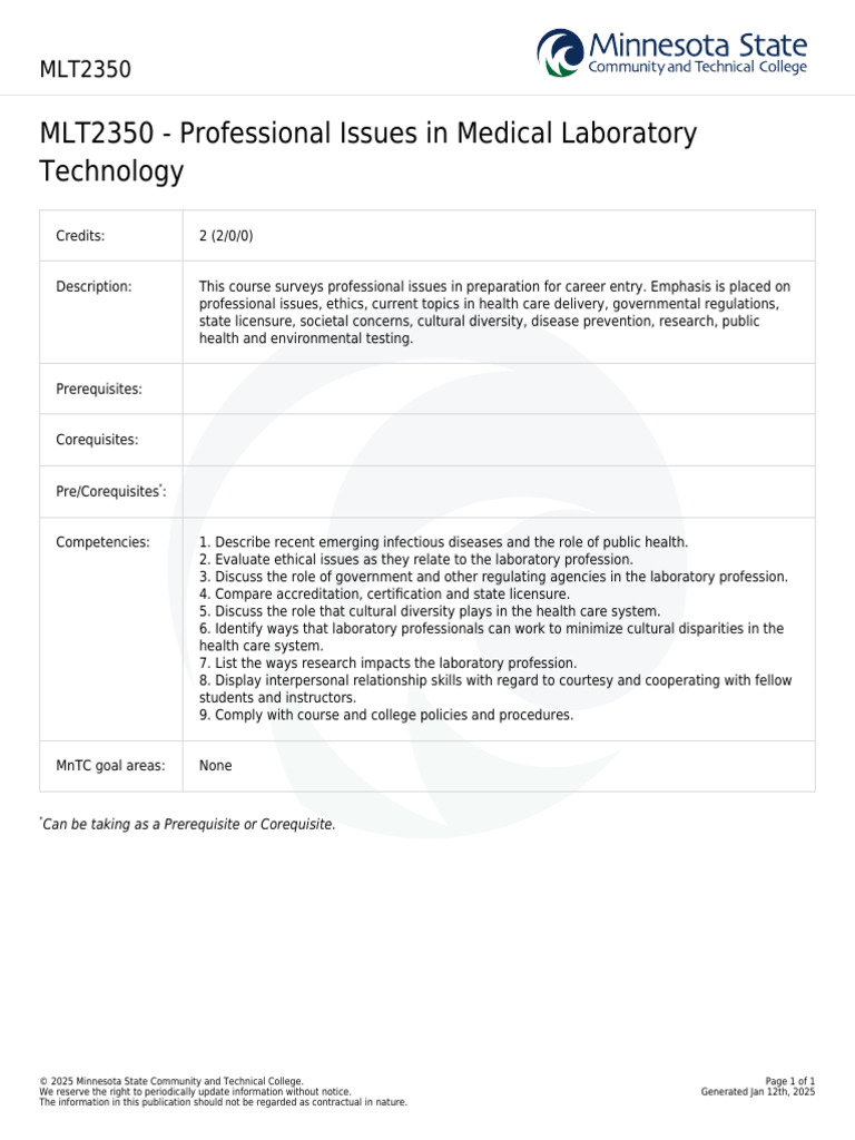 MLT2350 - Professional Issues in Medical Laboratory Technology | PDF