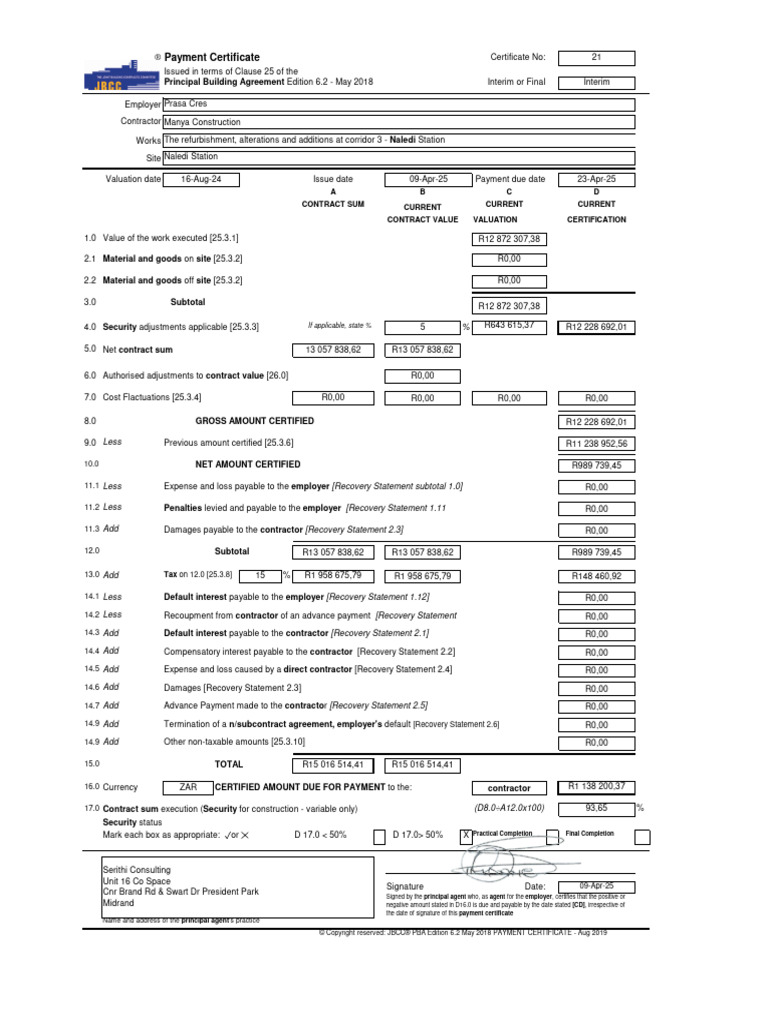 Naledi Station - Interim Payment Certificates 21+ 22 | PDF | Damages ...