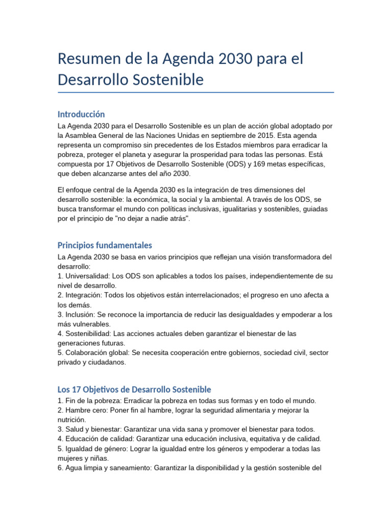 Resumen Agenda 2030 | PDF | Sustentabilidad | Desarrollo sostenible