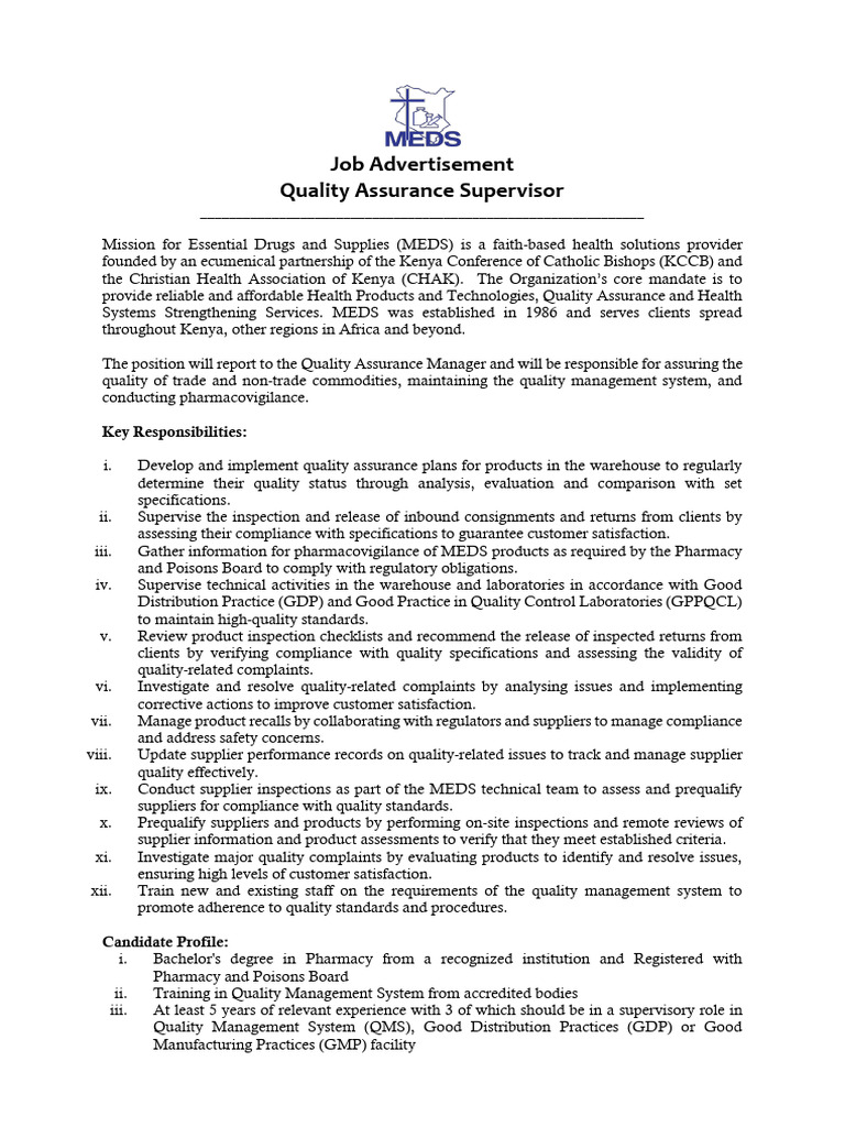 Quality Assurance Supervisor Job Opening | PDF | Quality Management ...