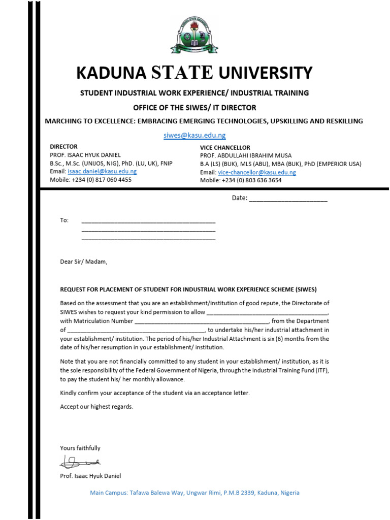 SIWES Placement Request Letter | PDF