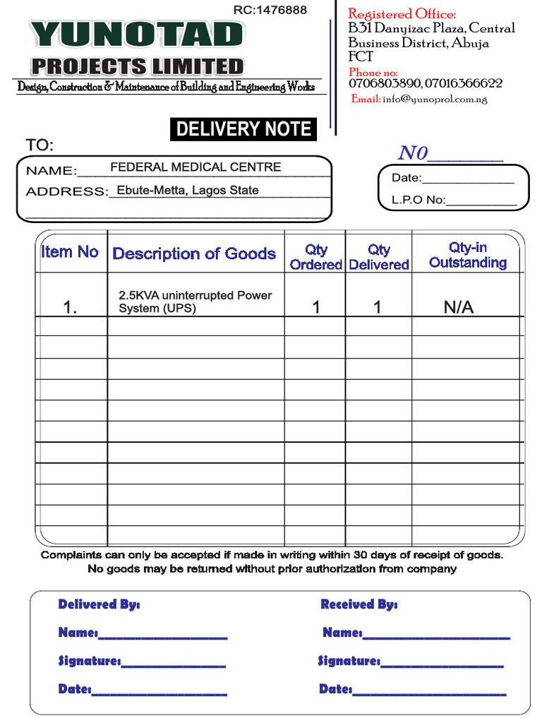 Delivery Note for Goods Received | PDF