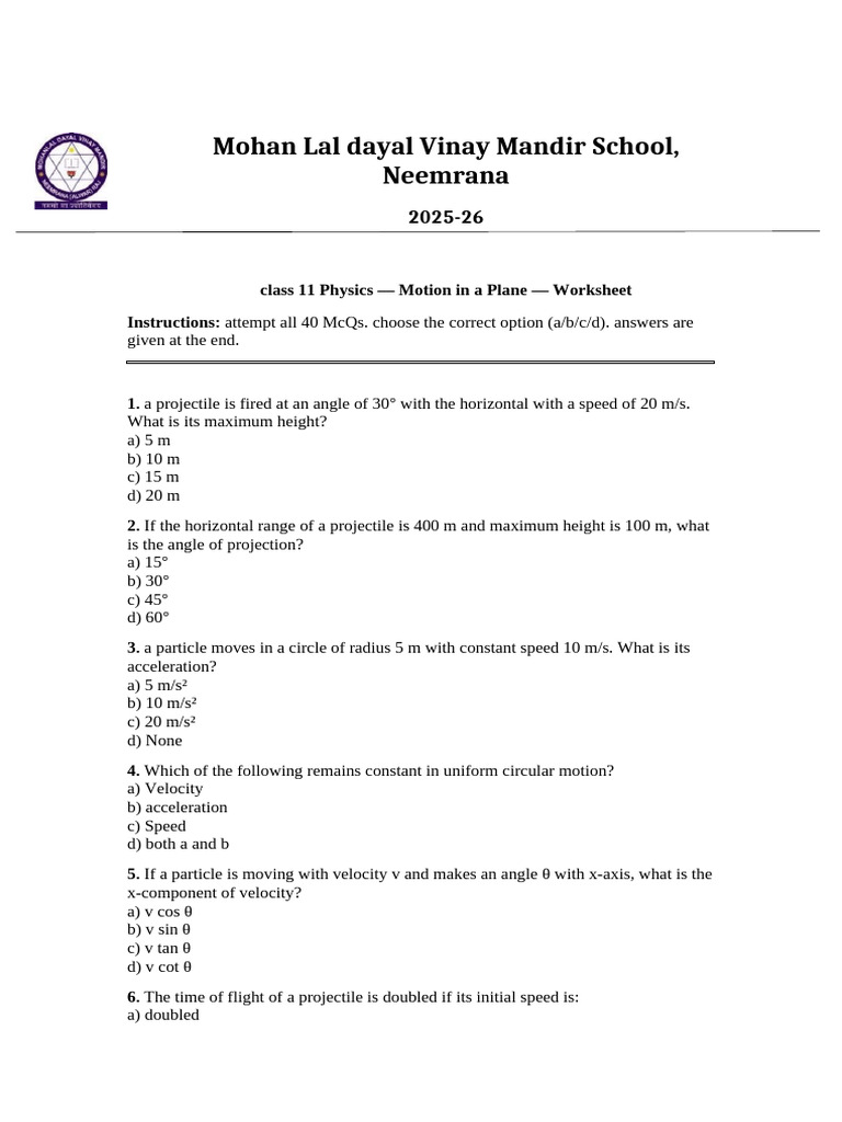 Class 11 Physics Worksheet Motion in A Plane | PDF | Acceleration | Euclidean Vector