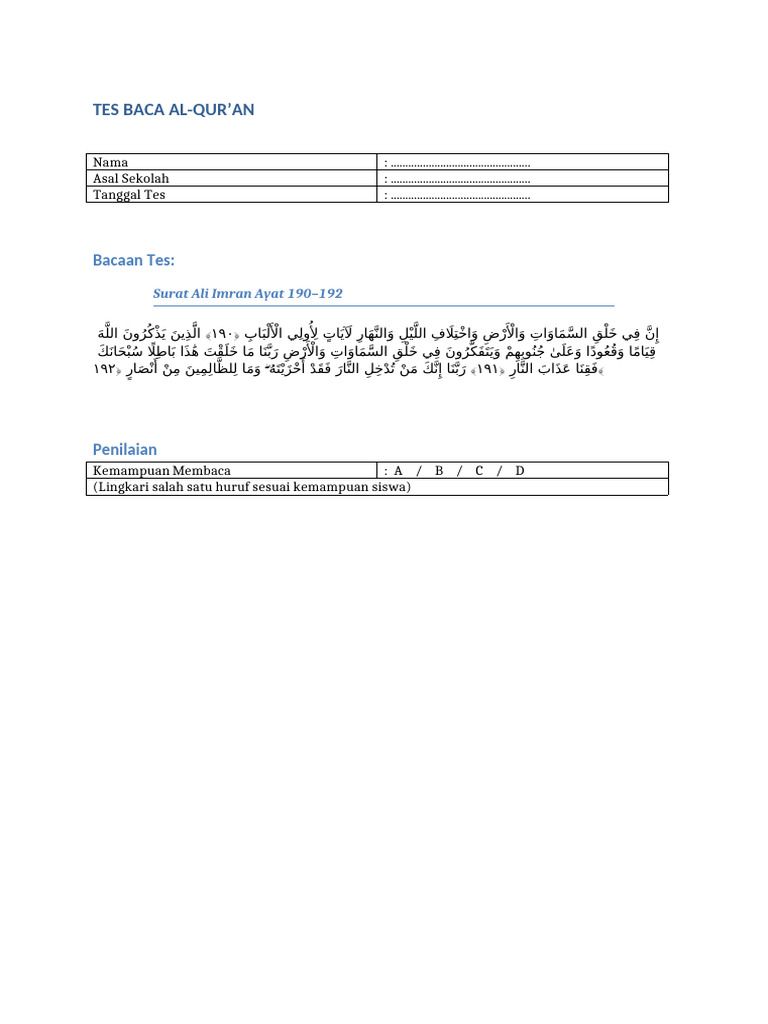 Tes Baca Quran Ali Imran 190-192 | PDF