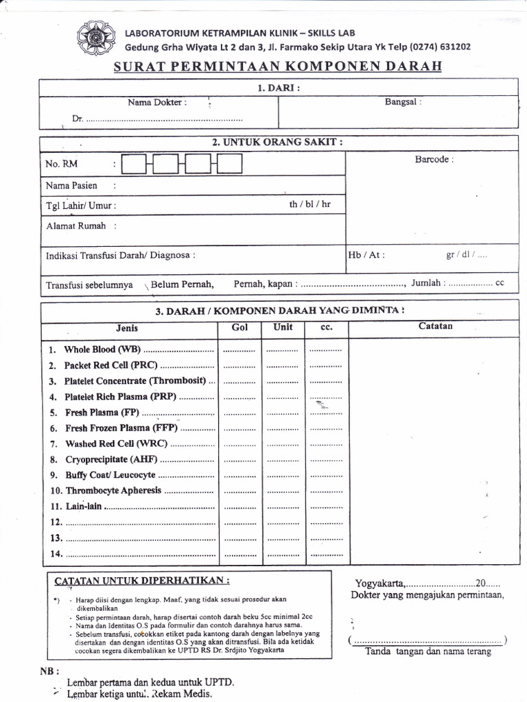 Form Surat Permintaan Komponen Darah | PDF