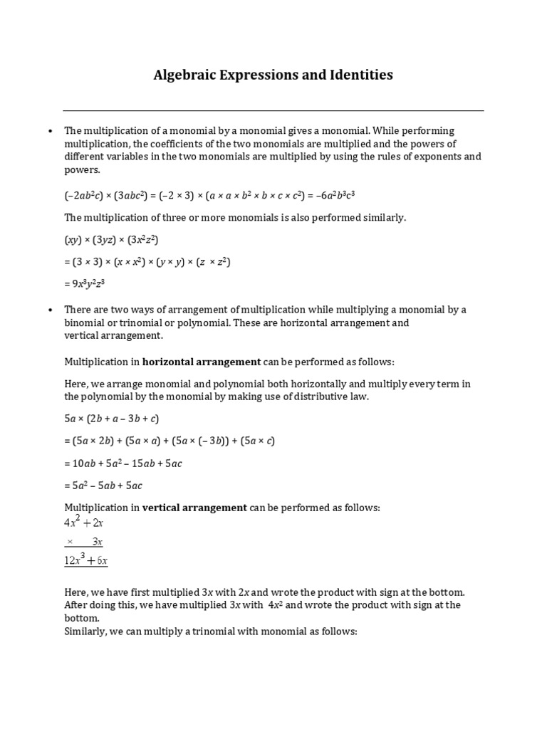 Algebraic Expressions and Identities | PDF | Polynomial | Multiplication