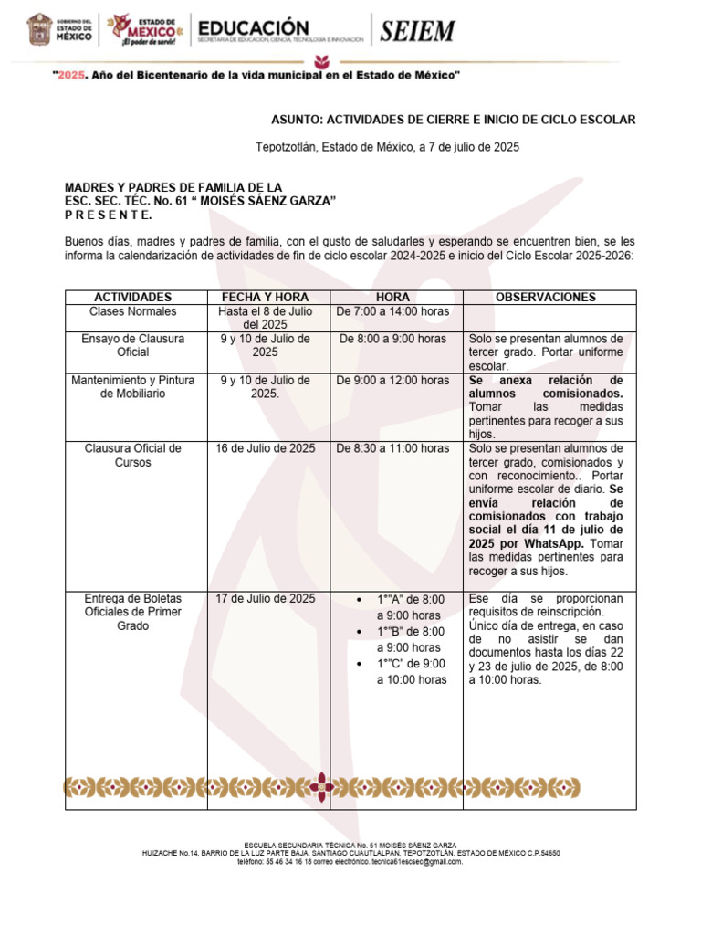 Calendario de Cierre e Inicio de Ciclo Escolar | PDF