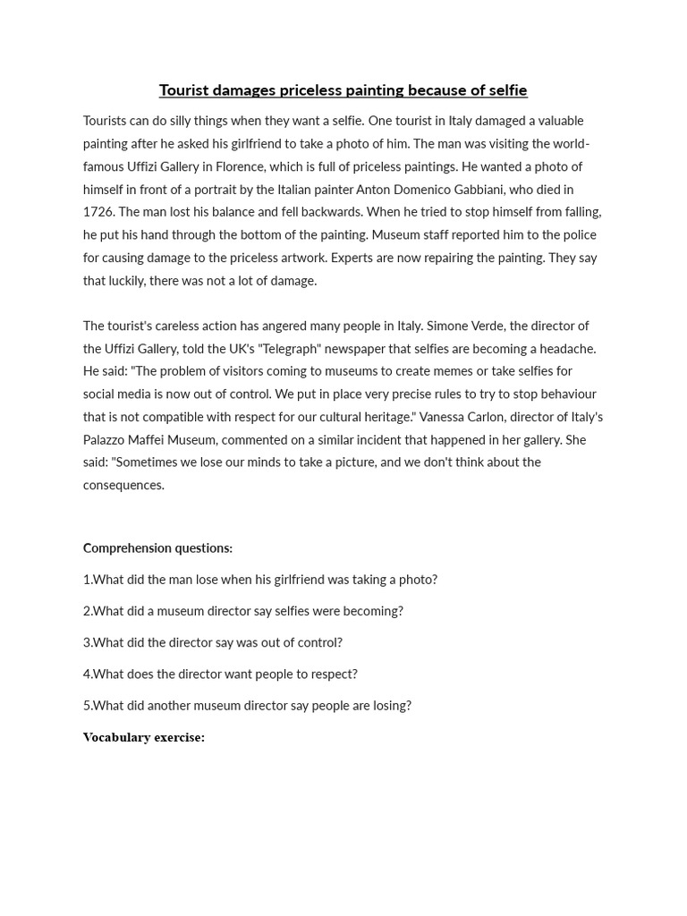 20250706Homework-Tourist Damages Priceless Painting Because of Selfie | PDF