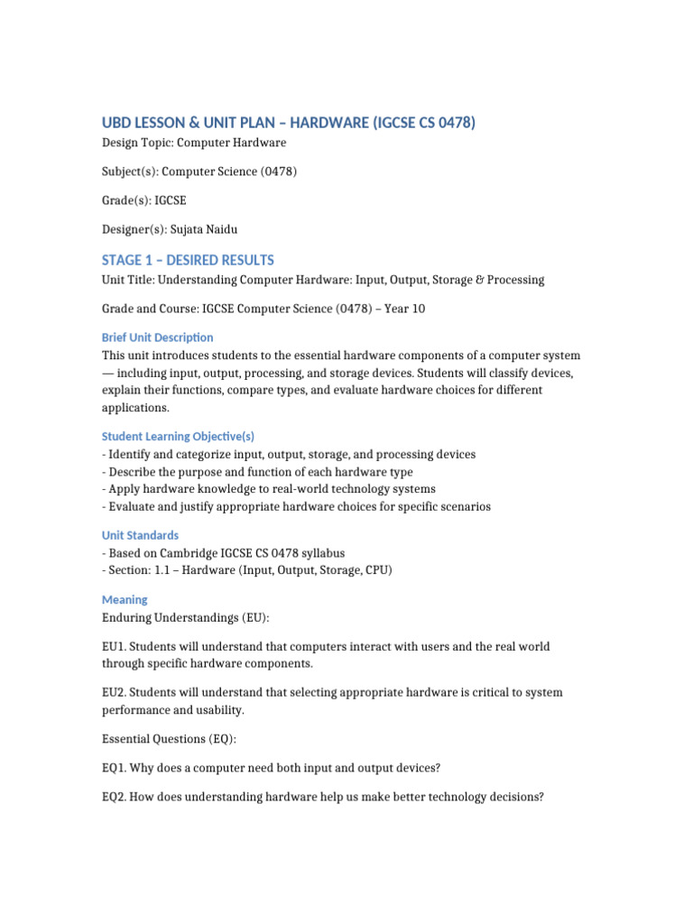 UBD Hardware LessonPlan IGCSE CS0478 | PDF | Educational Assessment ...