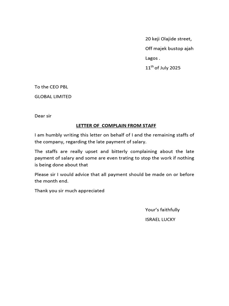 Staff Salary Complaint Letter | PDF