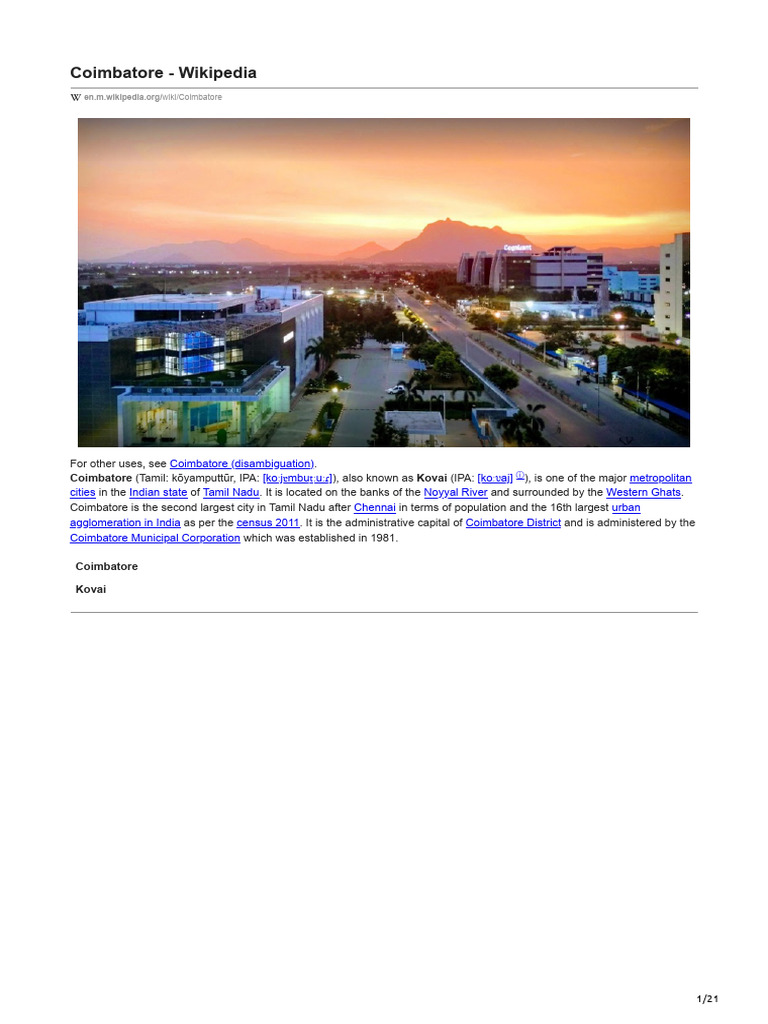 Coimbatore Wikipedia | PDF