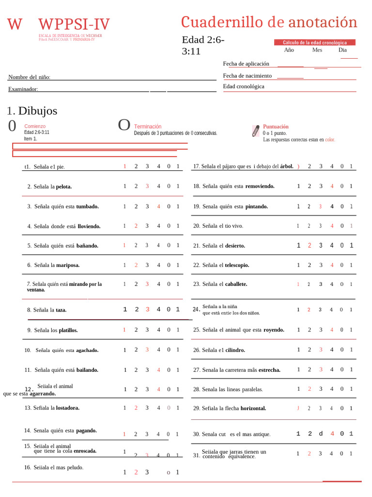 Cuadernillo WPPSI-IV: Anotación 2:6-3:11 | PDF