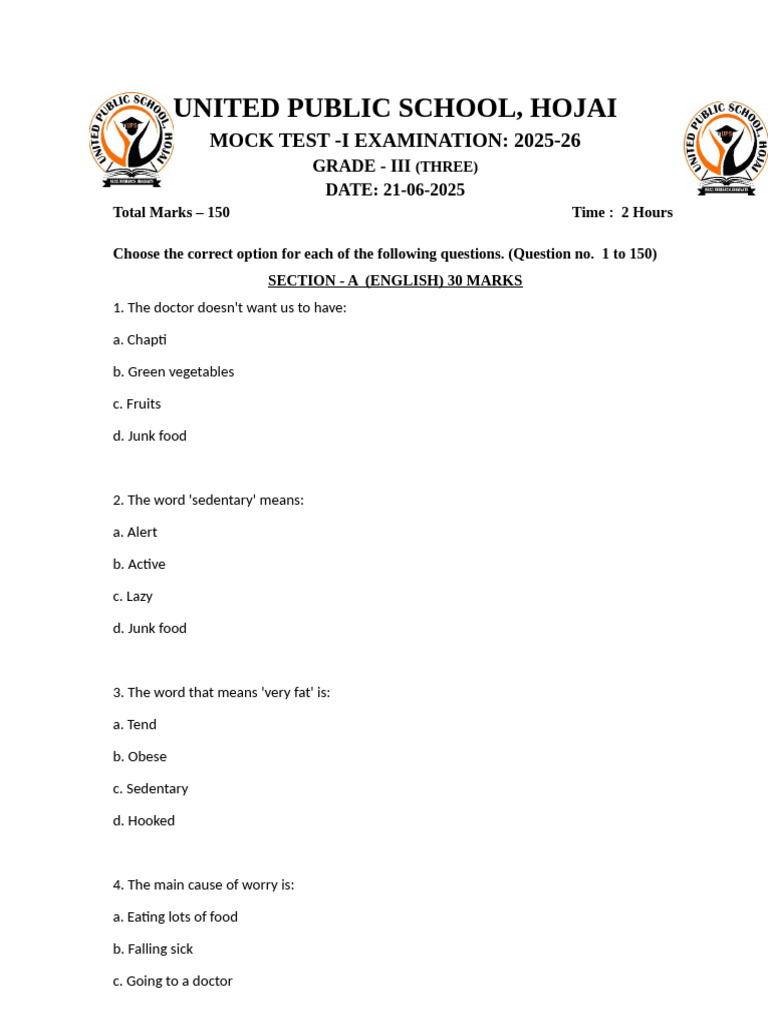 Grade 3 Mock Test 2025-26 Exam | PDF | Computer Data Storage | Input/Output