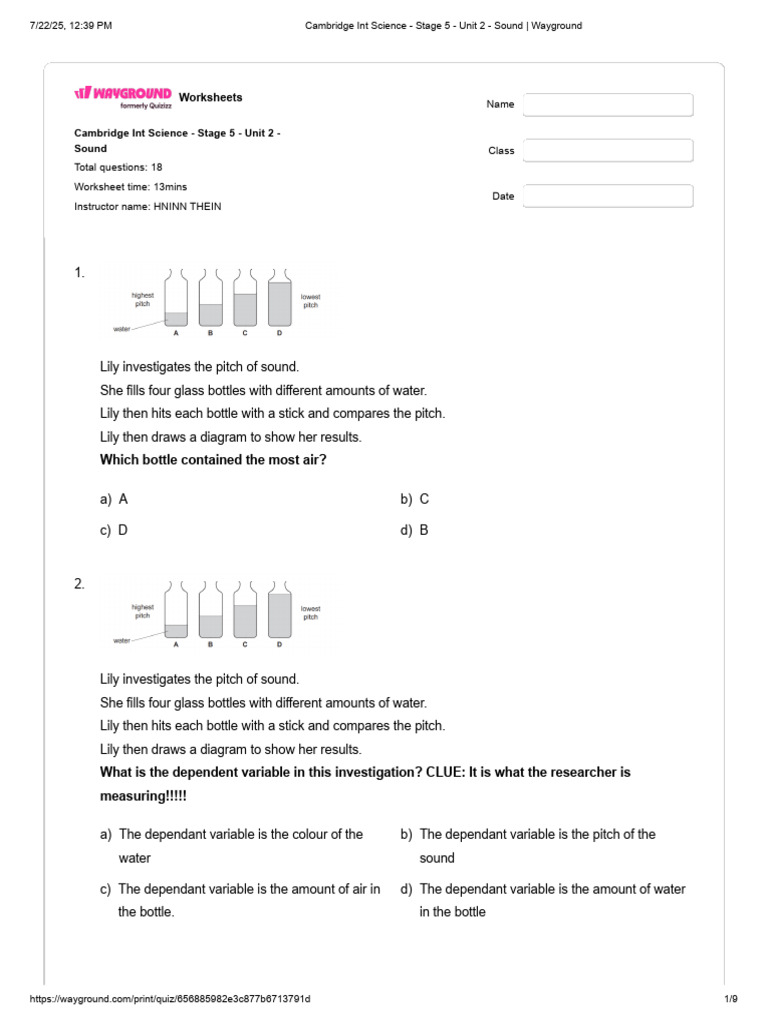 Grade 1 Sound Investigation Worksheets | PDF | Sound | Acoustics
