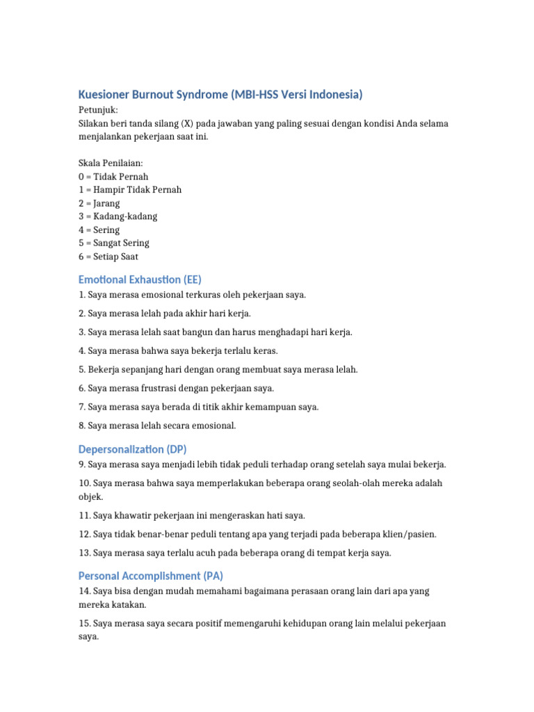Kuesioner Burnout Syndrome MBI HSS | PDF