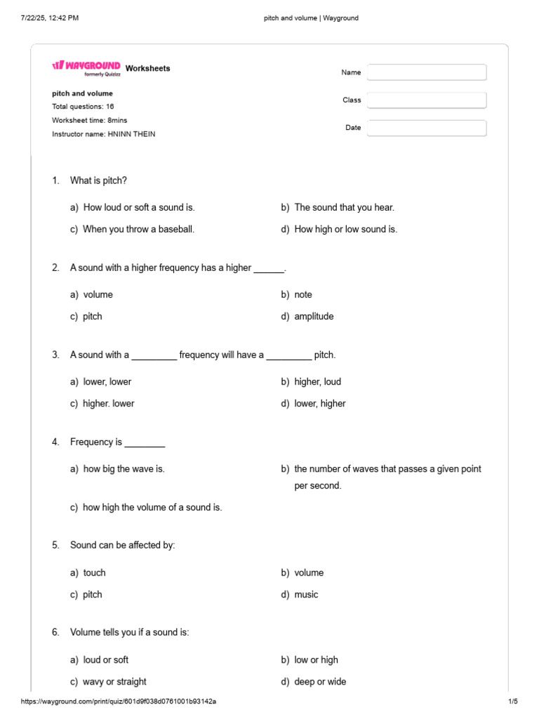 Pitch and Volume Worksheet Answers | PDF | Sound | Pitch (Music)