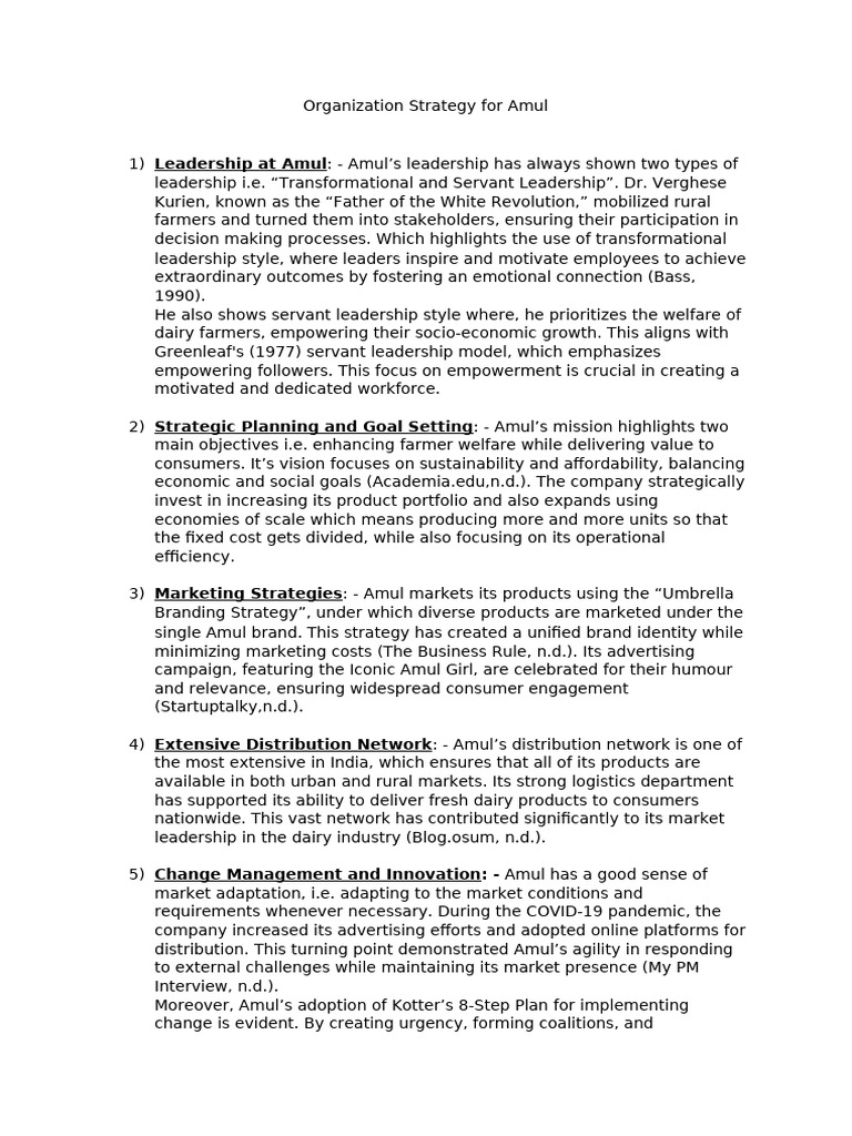 Organization Strategy For Amul | PDF | Leadership | Servant Leadership