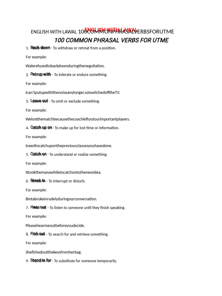 100 Common Phrasal Verbs (English With Lawal) | PDF