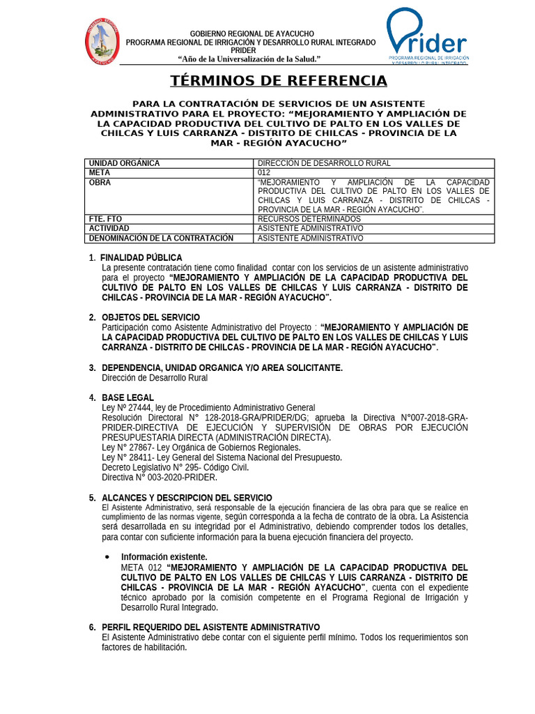 TDR Asistente Administrativo | PDF | Presupuesto