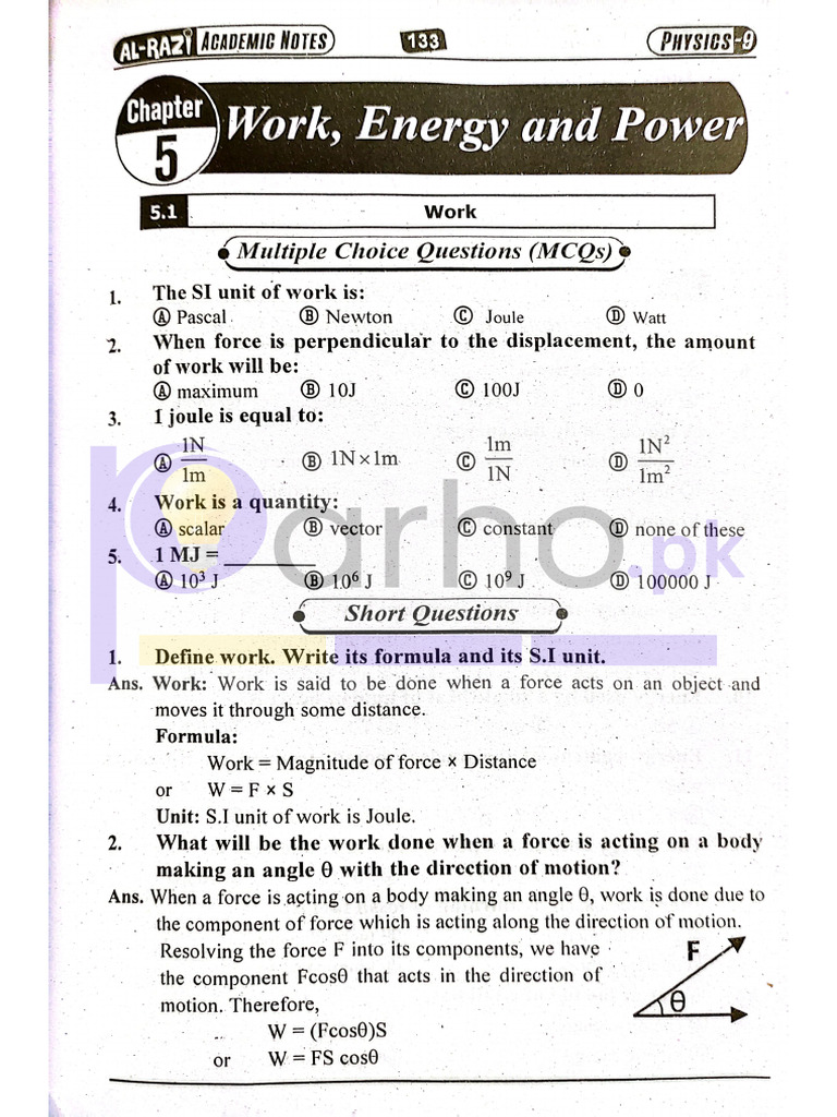 9th Physics CH 5 S.Q, MCQs | PDF