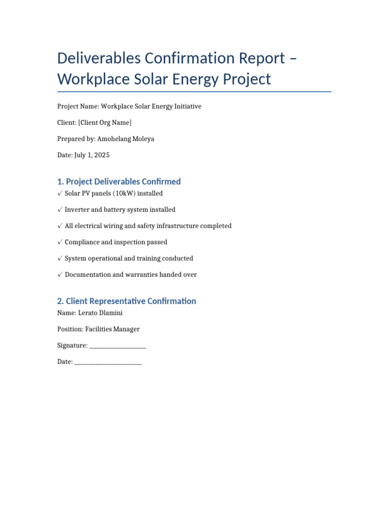 Workplace Solar Deliverables Confirmation Report | PDF