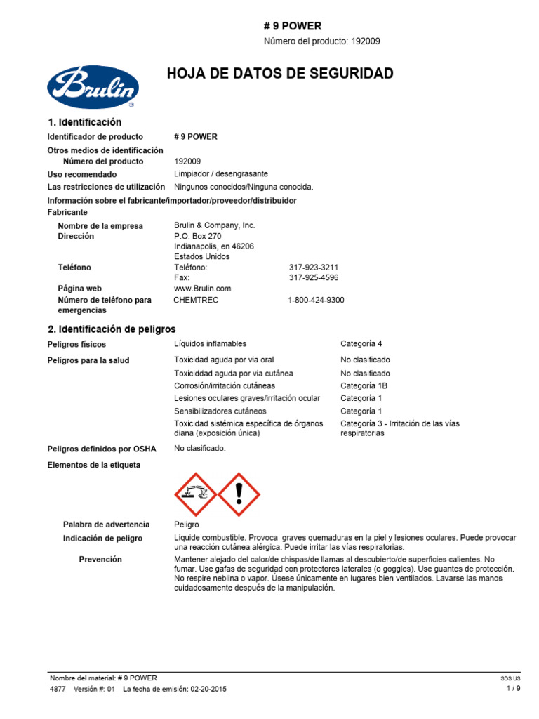 Hoja de Seguridad #9 POWER Limpiador | PDF | Residuos | Contaminación
