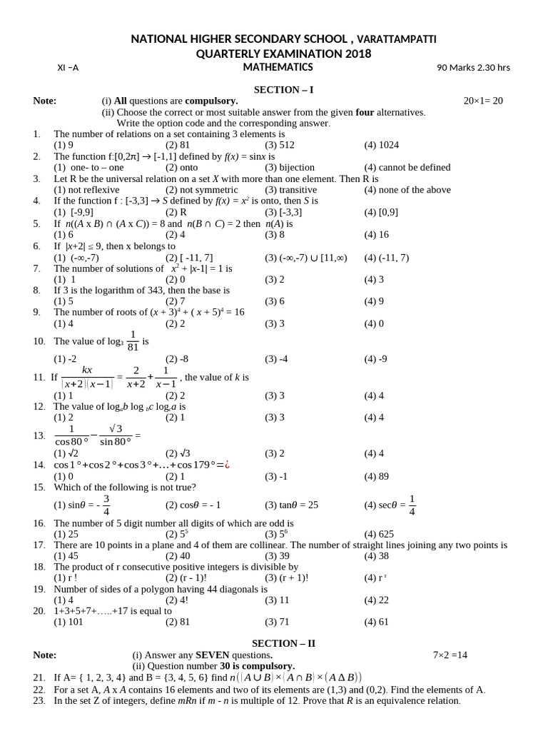 XI Quarterly 2018 Exam Maths QP | PDF | Trigonometric Functions | Mathematics