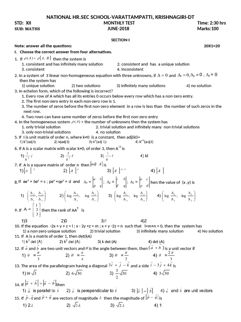 Monthly Test 12 STD June-2018 | PDF | System Of Linear Equations | Algebra