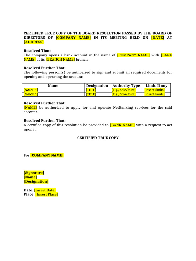 Board Resolution for Bank Account Opening | PDF