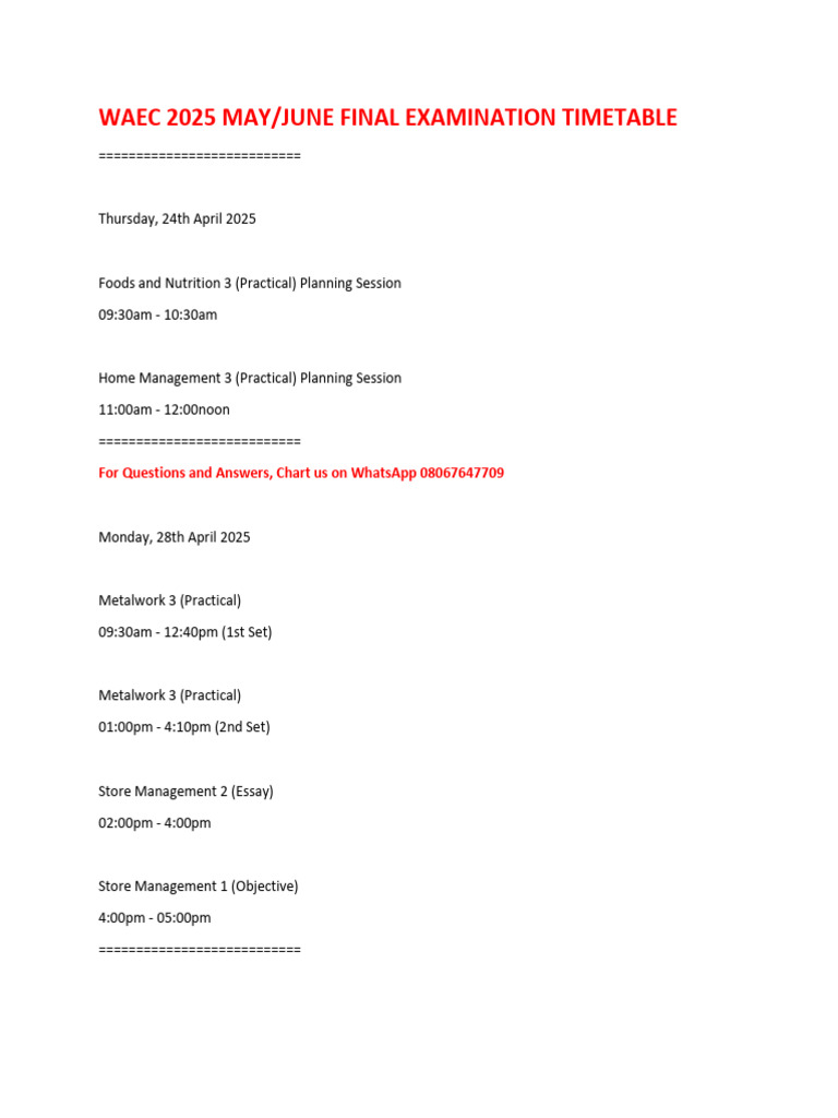 Waec 2025 May June Final Time Table | PDF