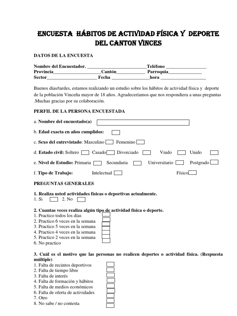 Encuesta de Habitos Deportivos | Deportes | Ejercicio físico | Prueba ...