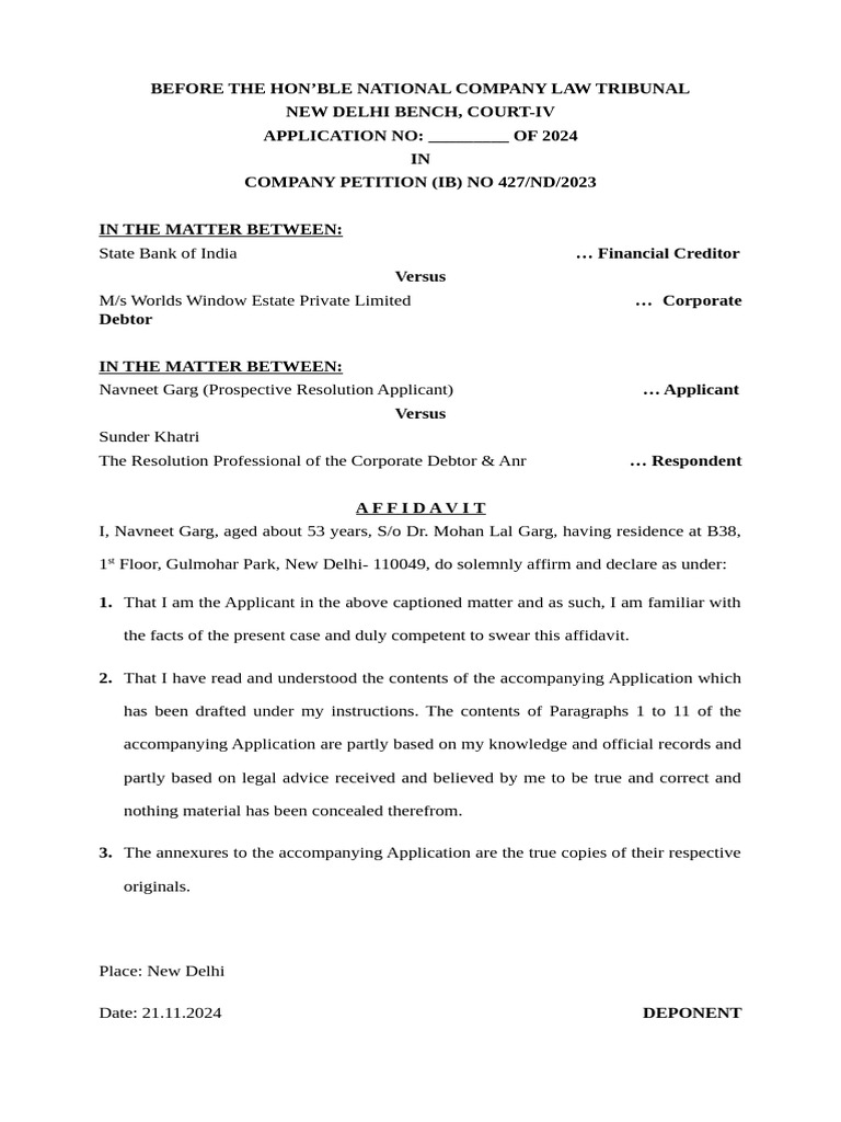 Affidavit for NCLT Application 2024 | PDF