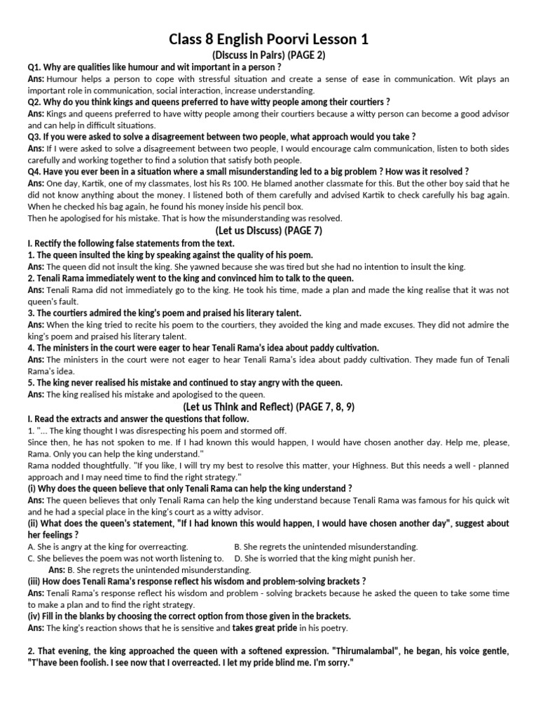 Poorvi Class 8 Unit 1 Solutions | PDF | Poetry