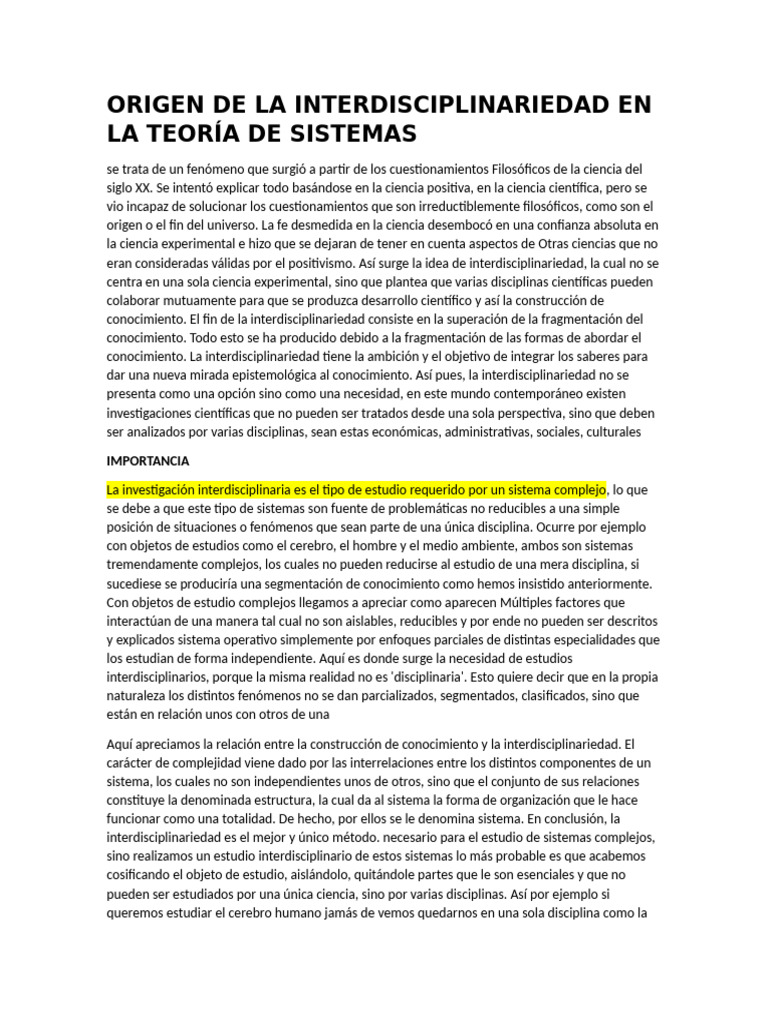 La Interdisciplinariedad en La Teoría de Sistemas | PDF | Interdisciplinariedad | Conocimiento