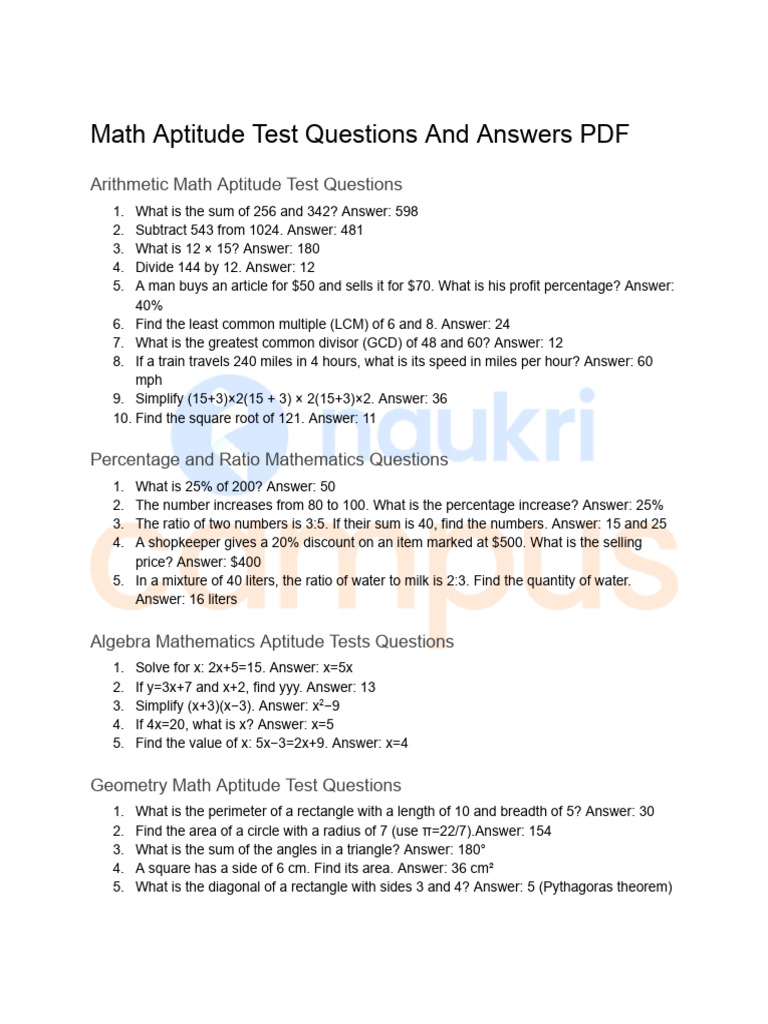 Mathematics Aptitude Test Questions and Answers PDF | PDF | Area ...