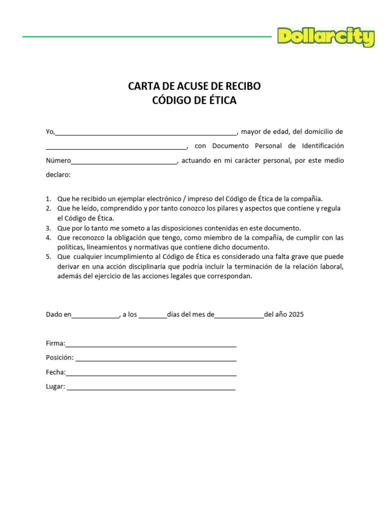 Acuse Recibo - Código de Ética 2025 | PDF