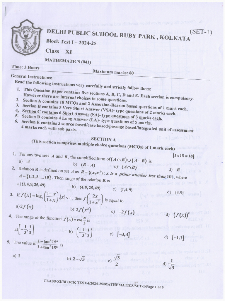 CL 11 BT1 Maths 2024-25 | PDF