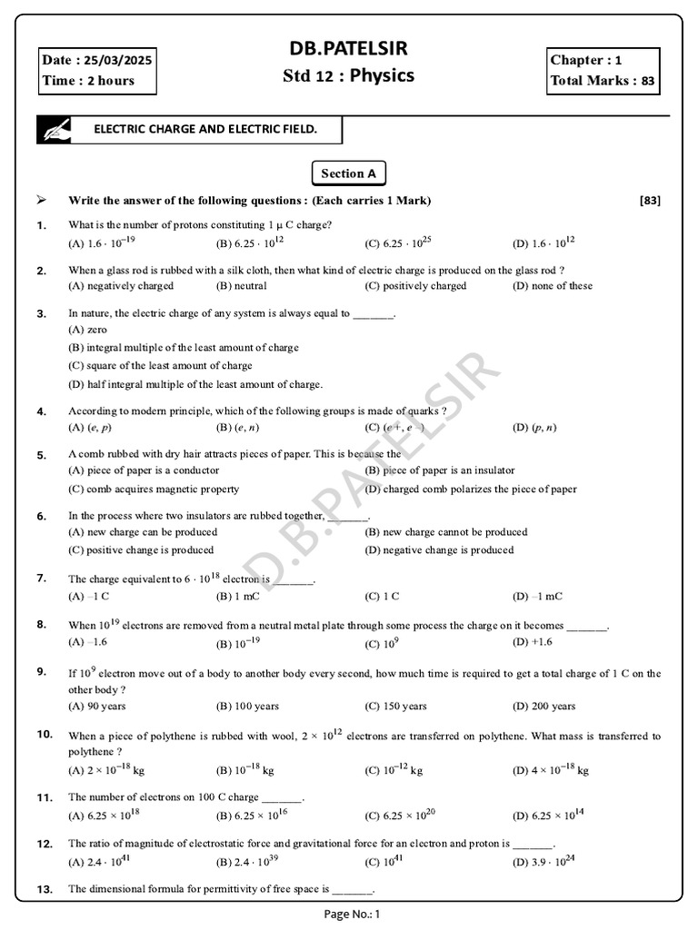 Electric Charge and Field Exam Questions | PDF | Electric Field | Force