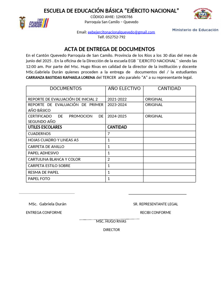 Acta de Entrega de Documentos | PDF