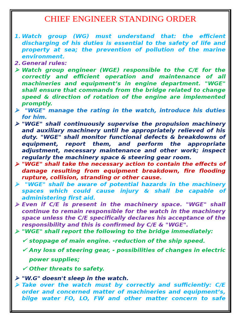 Chief Eng Standing Orders | PDF | Ships | Safety