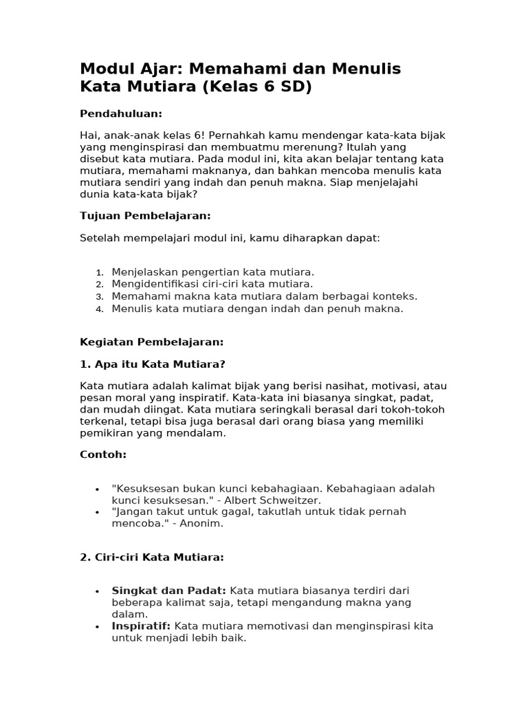 Modul Ajar Kata Mutiara Kelas 6 SD | PDF