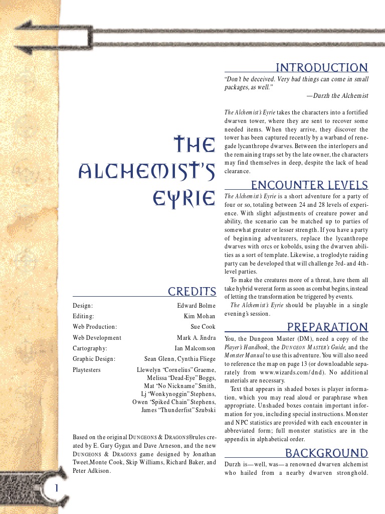 3E Dungeons and Dragons The Alchemist's Eyrie | PDF | Dwarf (Dungeons & Dragons) | Leisure