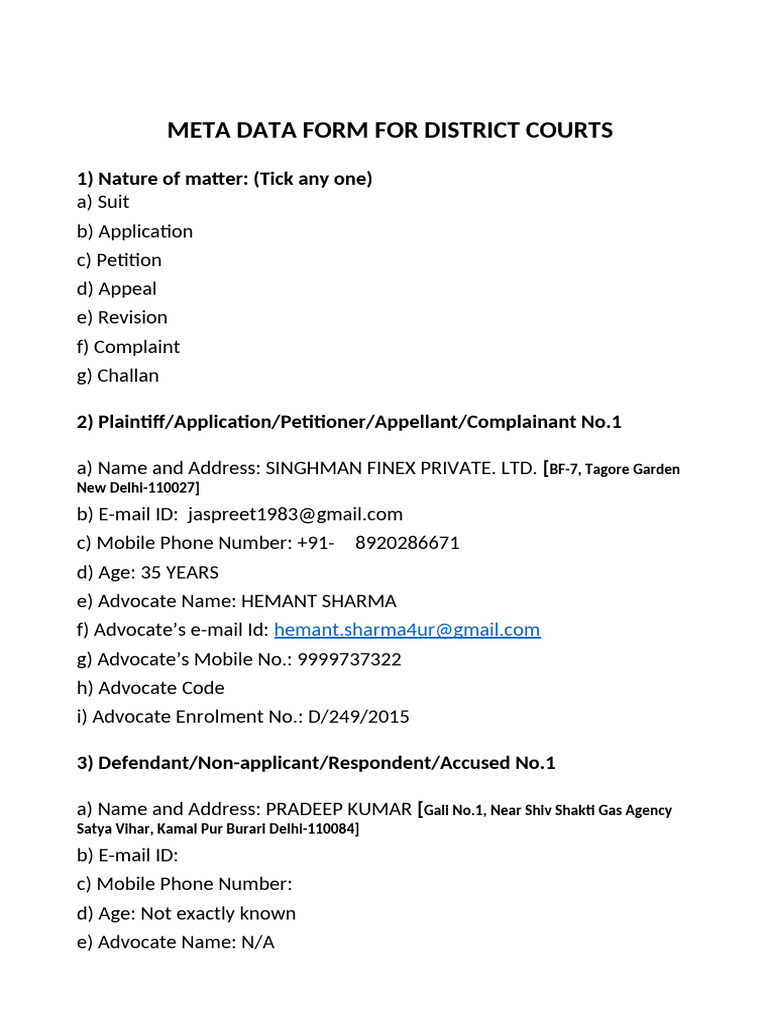 Metadata Form for NI Act Cases | PDF