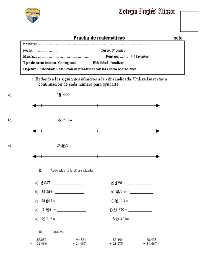 Prueba de Matemáticas Redondeo Nota | PDF | Enseñanza de matemática ...