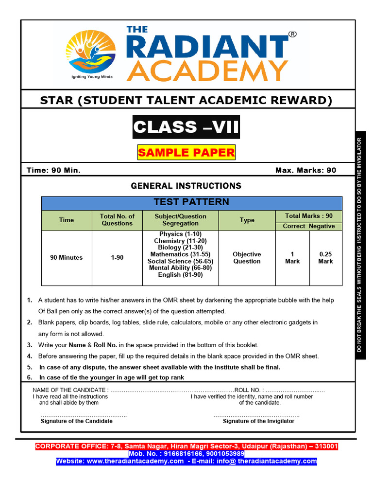 7 Class Star Sample Paper With Answer Key 2 | PDF | Acid | Triangle