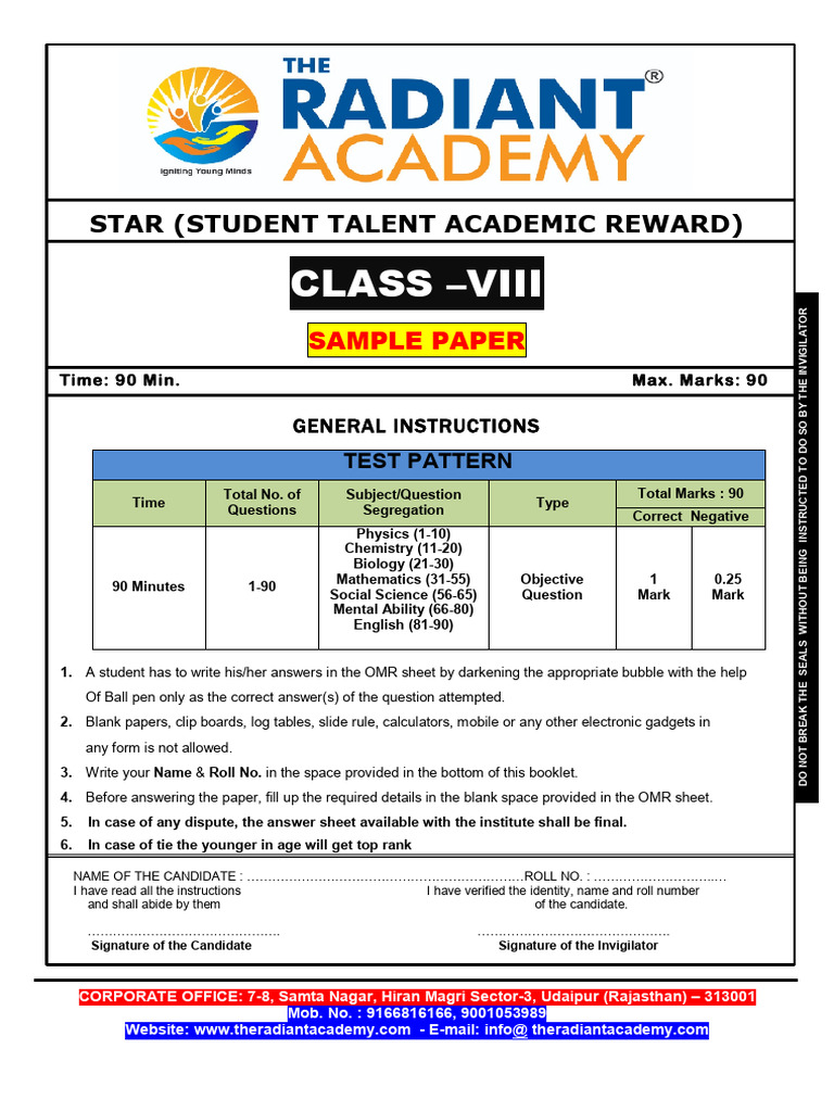 Class VIII Sample Paper Instructions | PDF | Friction