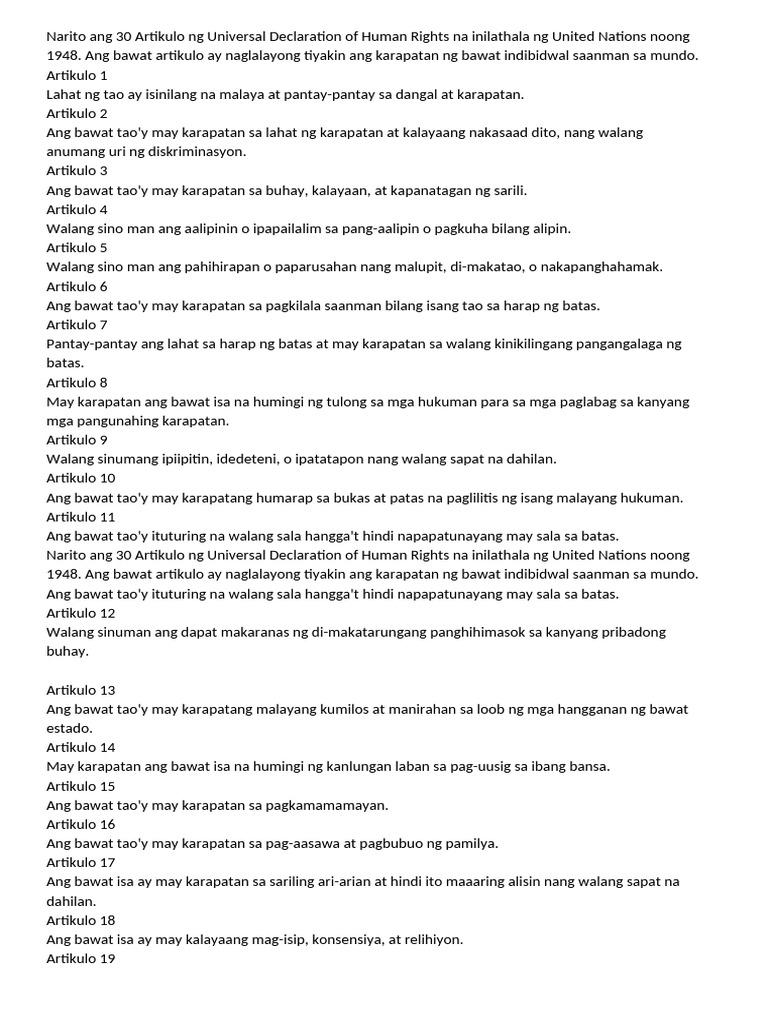 Narito Ang 30 Artikulo NG Universal Declaration of Human Rights Na Inilathala NG United Nations ...