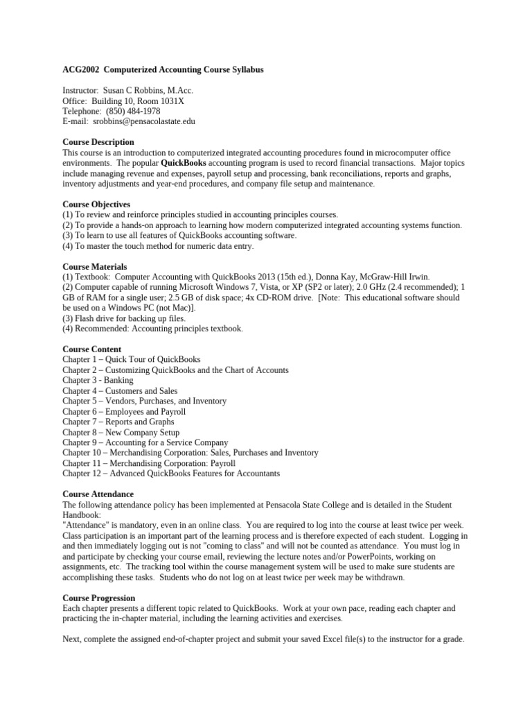 ACG2002 Computerized Accounting Couse Syllabus | PDF | Quick Books ...