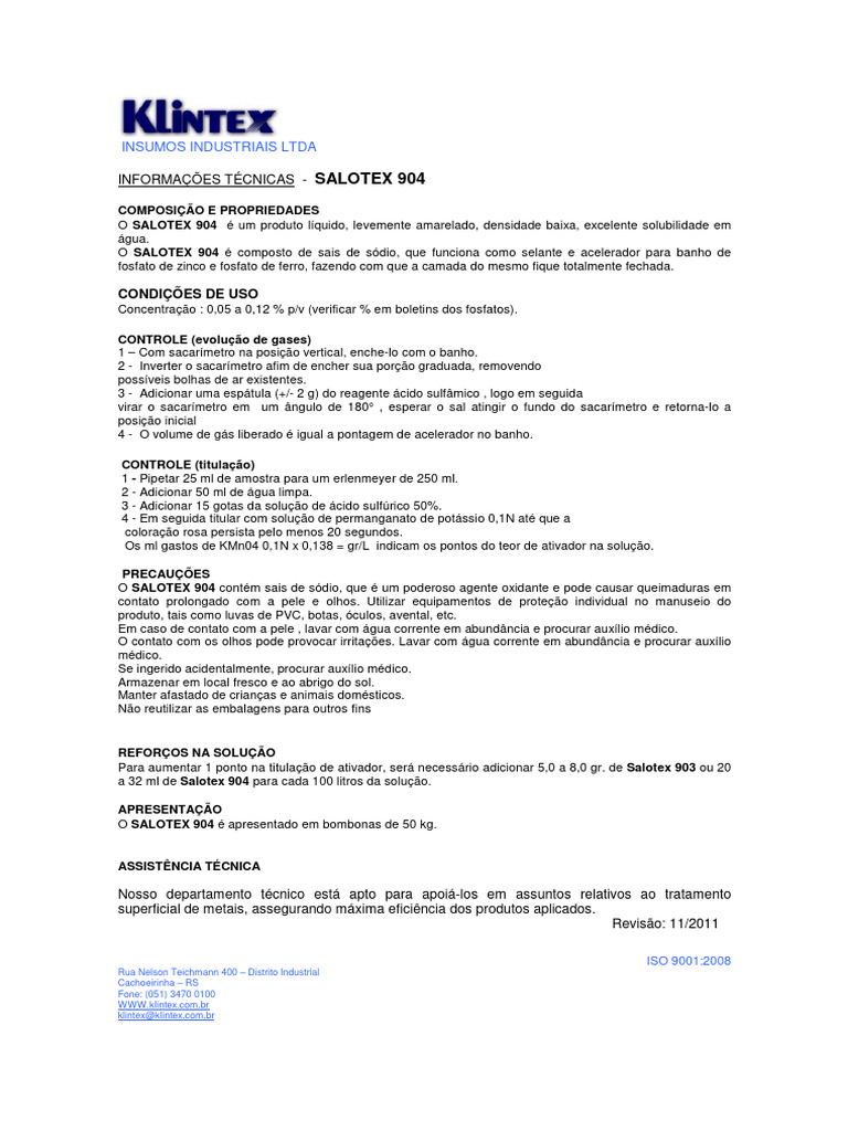 Salotex 904 - Ficha Técnica | PDF | Titulação | Química